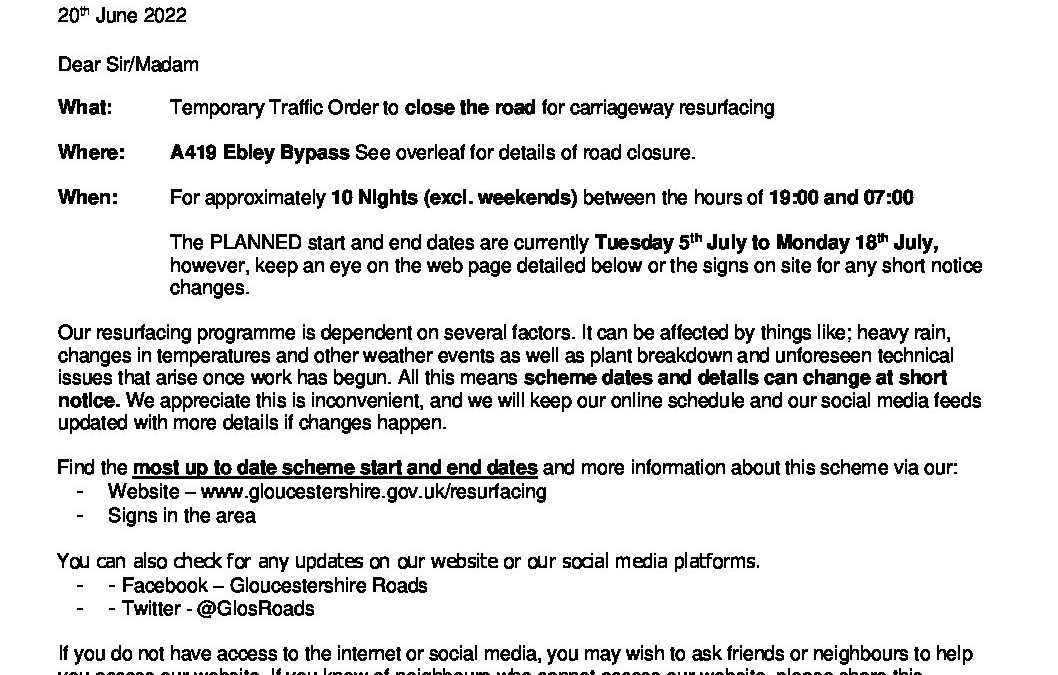 853308 A419 Ebley Bypass Residents Letter | Stonehouse Town Council